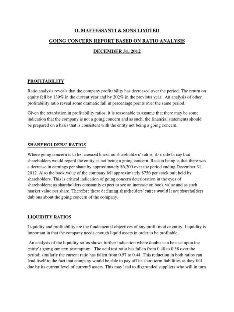 O. Maffessanti & Sons Limited Going Concern Report Based On Ratio ...