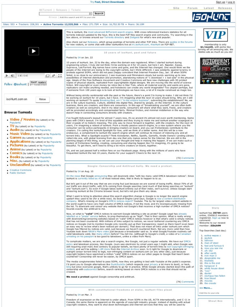 Isohunt The BitTorrent & P2P Search Engine | PDF | You Tube | Peer To Peer