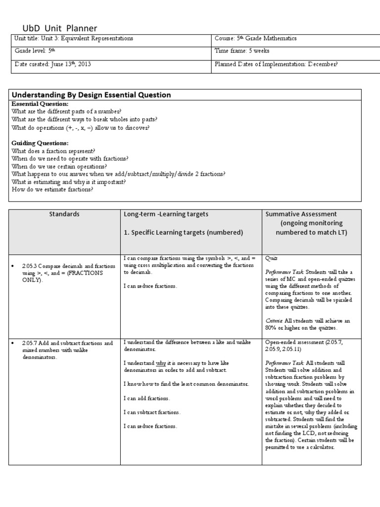 Ubd Unit Planner: Understanding By Design Essential Question | Fraction ...