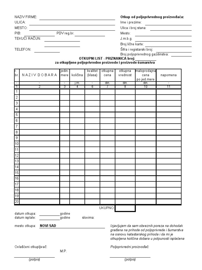 F53b63-Otkupni List, Sa I Bez PDV-A | PDF