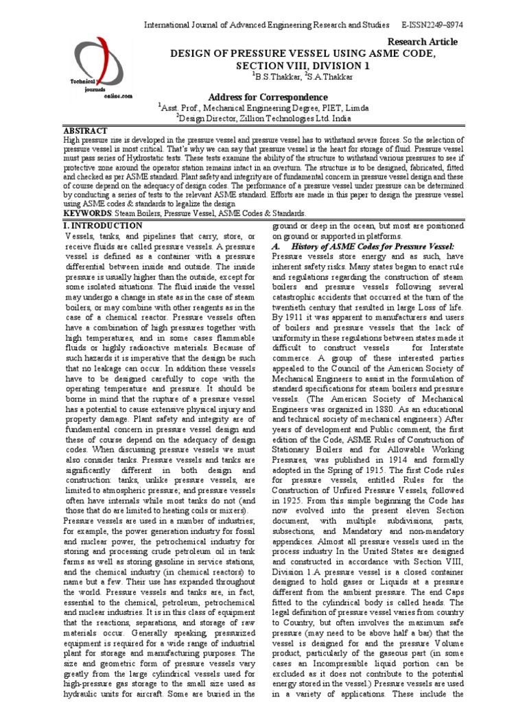 Design of Pressure Vessel Using Asme Code, Section Viii, Division 1 ...