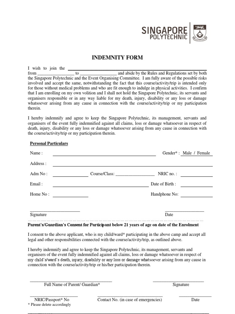 Indemnity Form: Personal Particulars | PDF | Indemnity