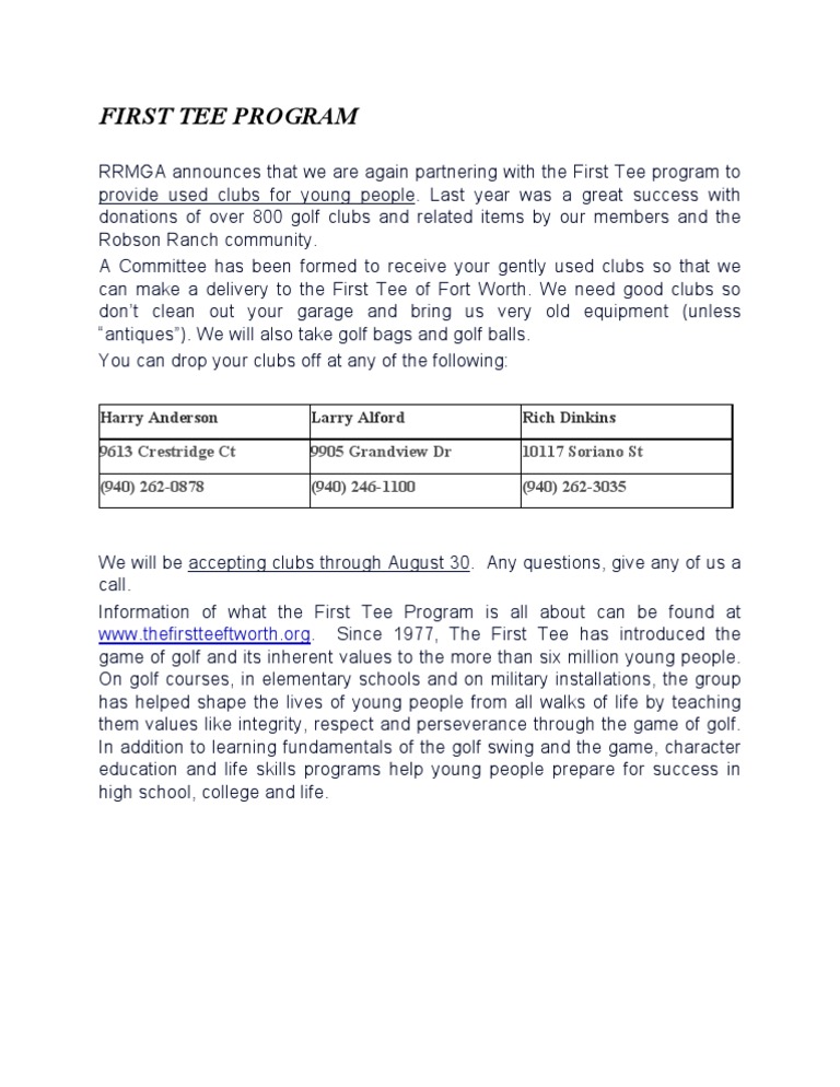 Donate Golf Clubs to First Tee Program | PDF | Sports & Recreation