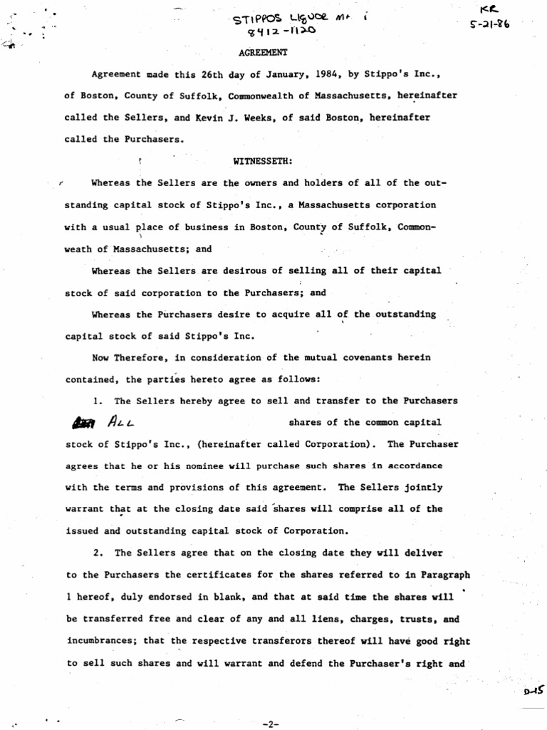 Stock Purchase Agreement 1984 | PDF | Stocks | Lease