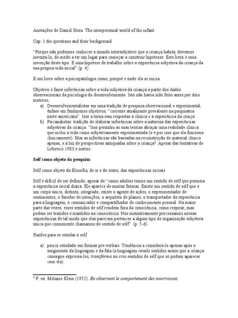 Anotações de Daniel Stern - The Interpersonal World of The Infant | PDF ...