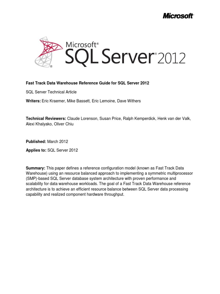 Fast Track DW Reference Guide For Microsoft SQL Server 2012 SQL Server ...