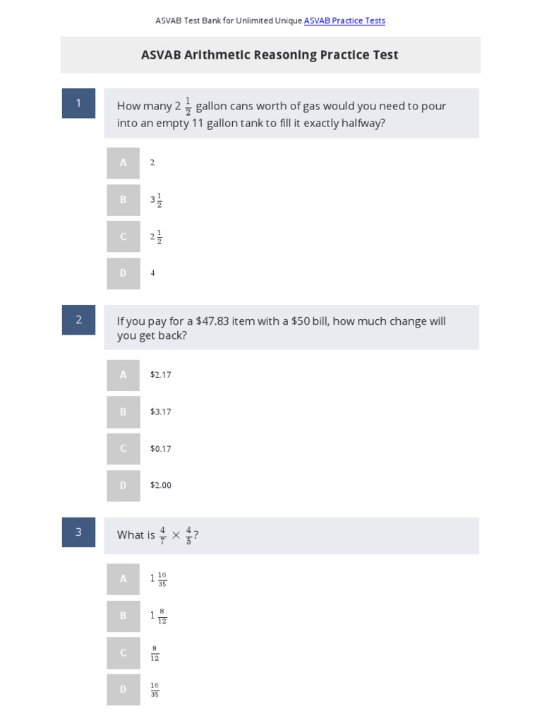 ASVAB Arithmetic Reasoning Practice Test 4 | PDF | Armed Services ...