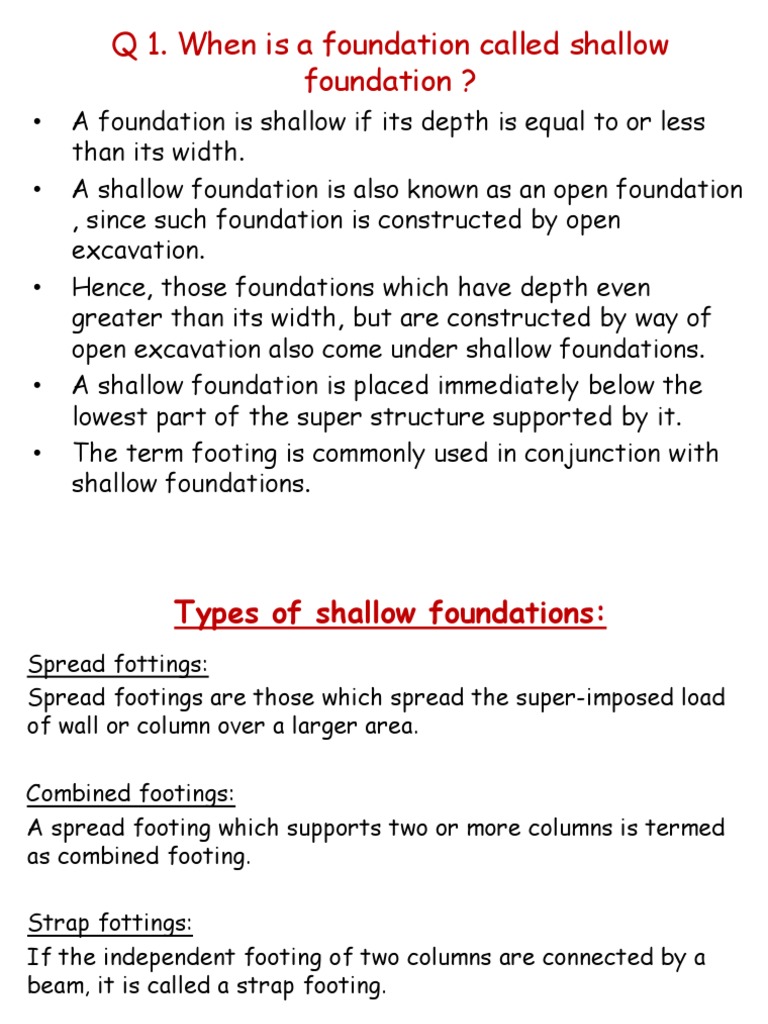 Q 1. When Is A Foundation Called Shallow Foundation ? | PDF | Foundation (Engineering) | Column