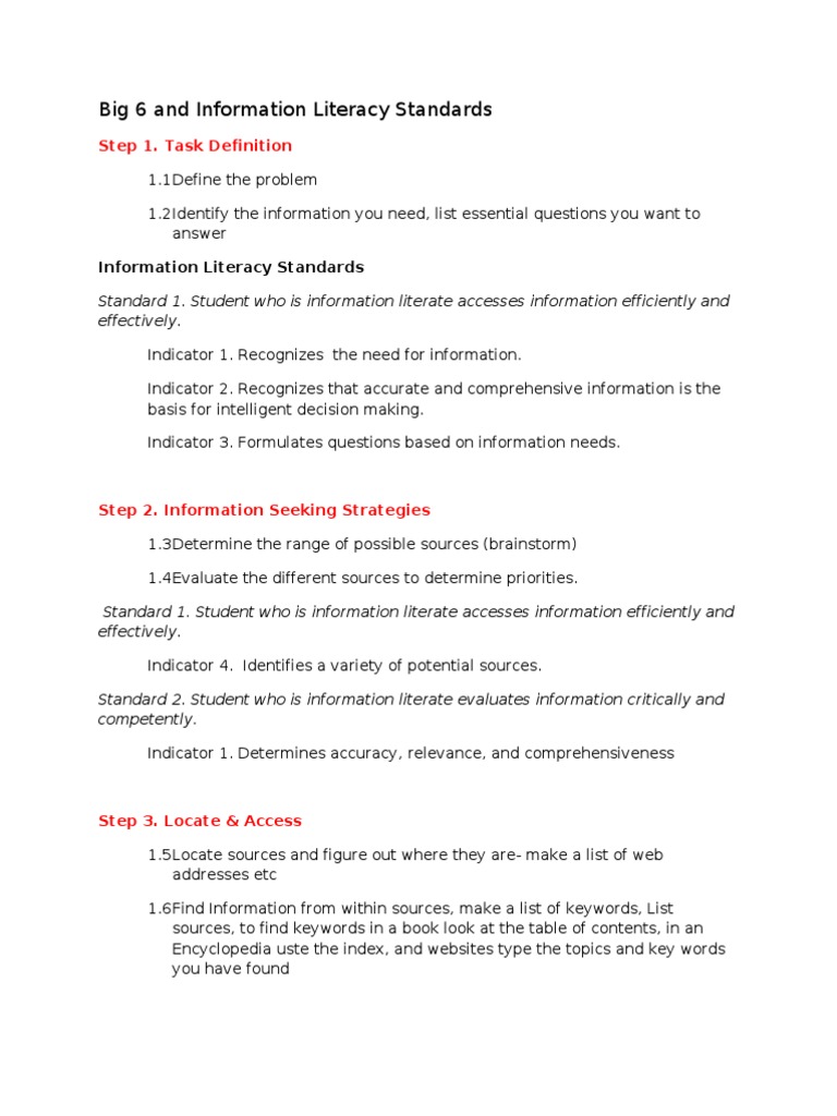 Big 6 and Information Literacy Standards | Information Literacy | Literacy