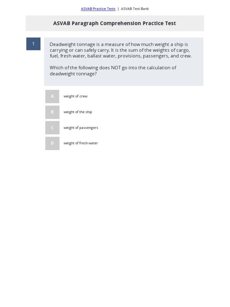 ASVAB Paragraph Comprehension Practice Test 3 | PDF | Tonnage | Stream