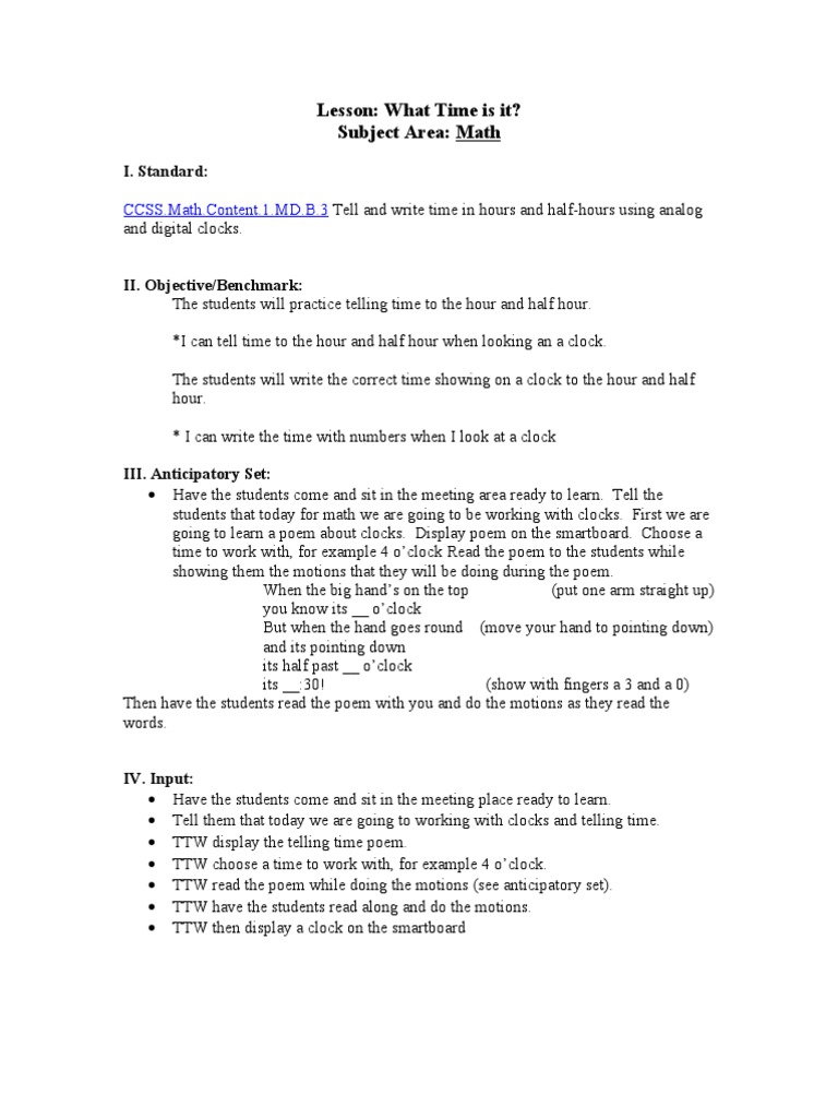 telling time lesson plan | Clock | Learning Styles