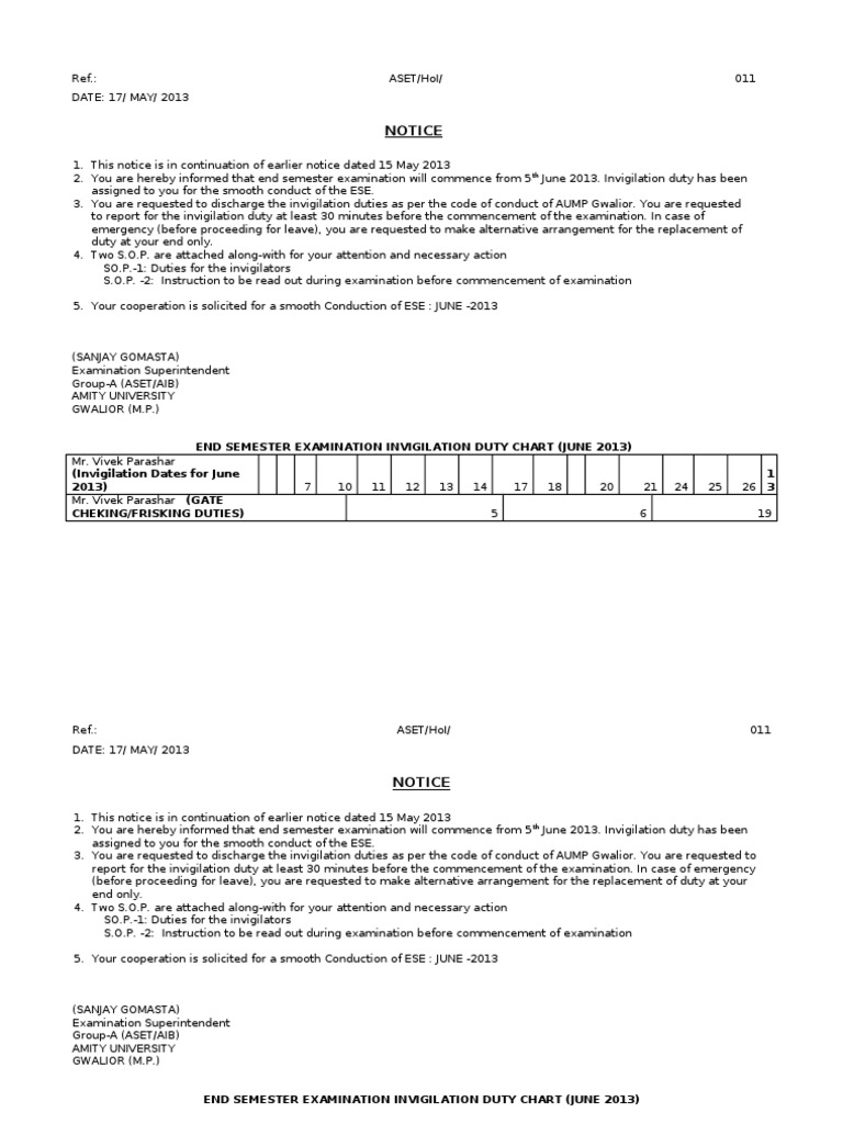End Semester Examination Invigilation Duty Chart 11 | Download Free PDF ...