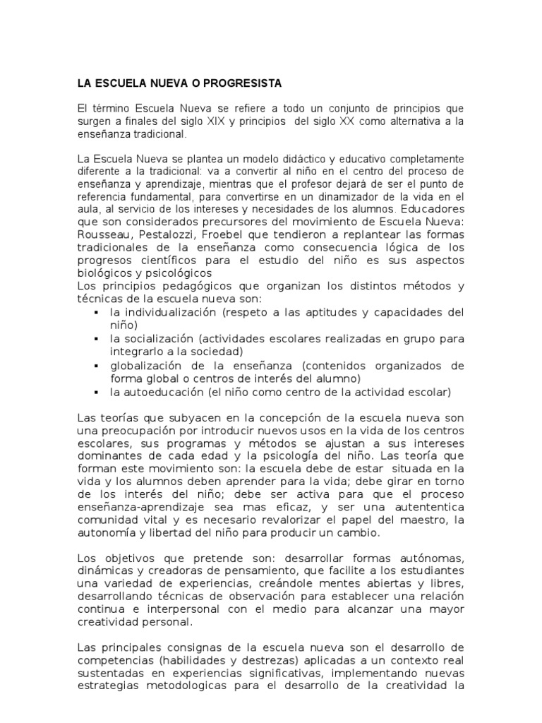 La Escuela Nueva o Progresista | PDF | Sicología | Aprendizaje