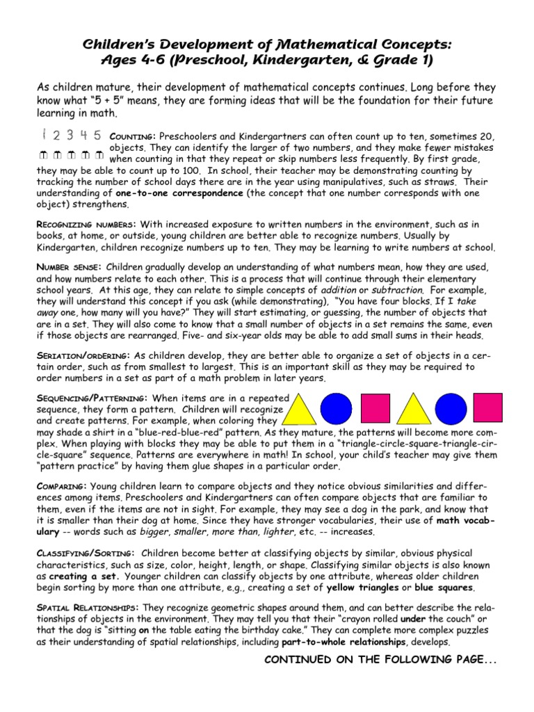 Children's Development of Math Concepts - Ages 4-6 | PDF | Kindergarten ...