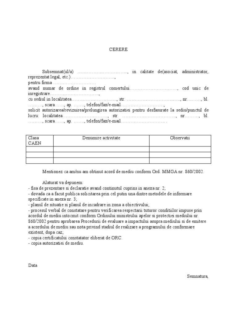 Model Cerere Autorizatie Mediu | PDF
