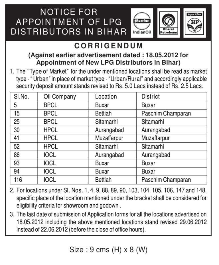 Notice For Appointment of LPG Distributors in Bihar: Corrigendum | PDF