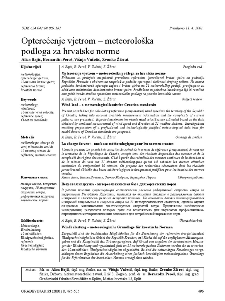 Opterecenje Vjetrom - Meteoroloska Podloga Za Hrvatske Norme | PDF
