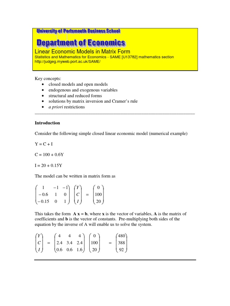 Linear Economic Models | Endogeneity (Econometrics) | Equations
