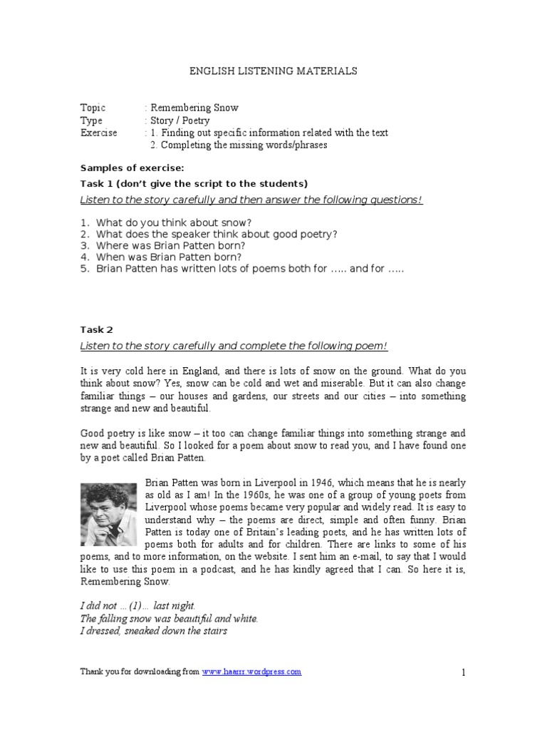 Sample Exercise Remembering-Snow | PDF | Poetry