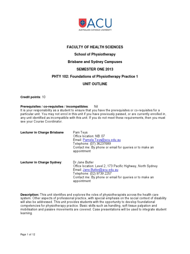 Unit Outline PHTY102 ACU | PDF | Educational Assessment | Physical Therapy