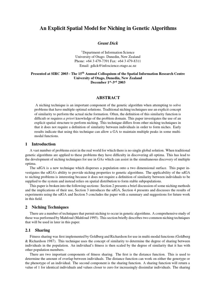Grant Dick (Niching) | PDF | Genetic Algorithm | Dimension Grant Dick (Niching) | PDF | Genetic Algorithm | Dimension