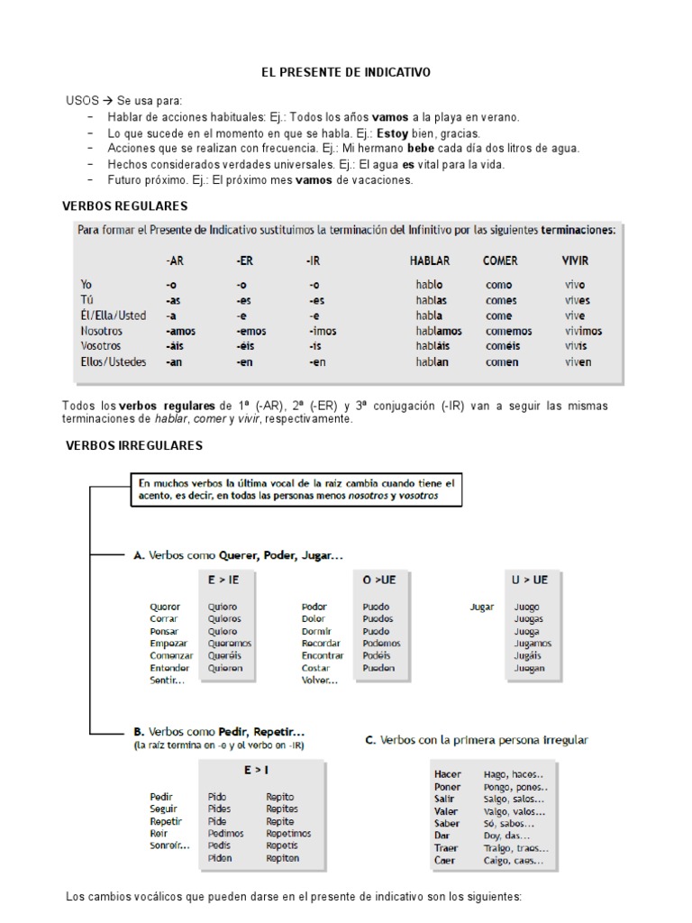 El Presente de Indicativo | PDF | Verbo | Asunto (gramática)
