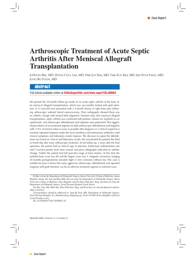 Arthroscopic Treatment of Acute Septic Arthritis After Meniscal ...