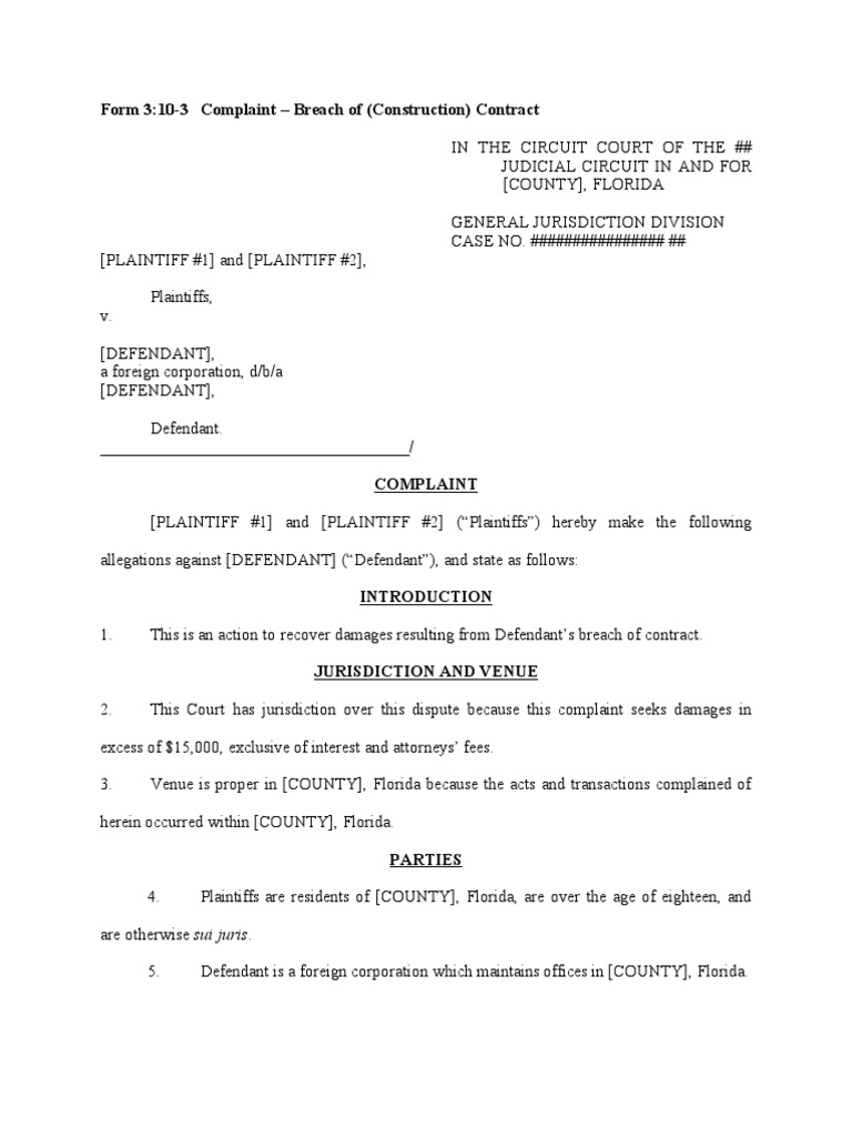 Florida Construction Contract Complaint | PDF | Breach Of Contract ...