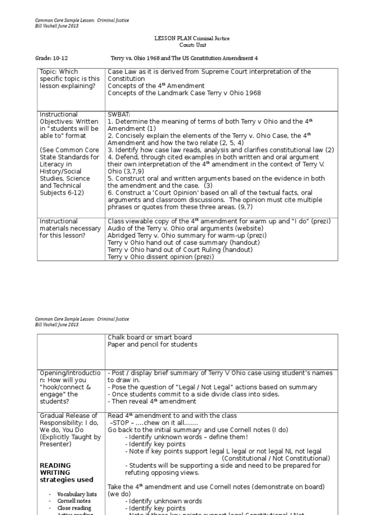 Criminal Justice Lesson Plan Terry V Ohio-Demonstrating Use of Common ...