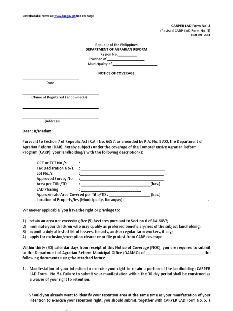CARPER LAD Form No. 3 Notice of Coverage | PDF | Government | Justice