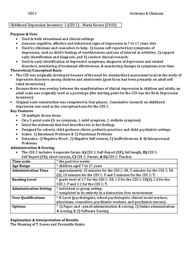 CDI 2: Assessment and Scoring Guide | PDF | Major Depressive Disorder ...