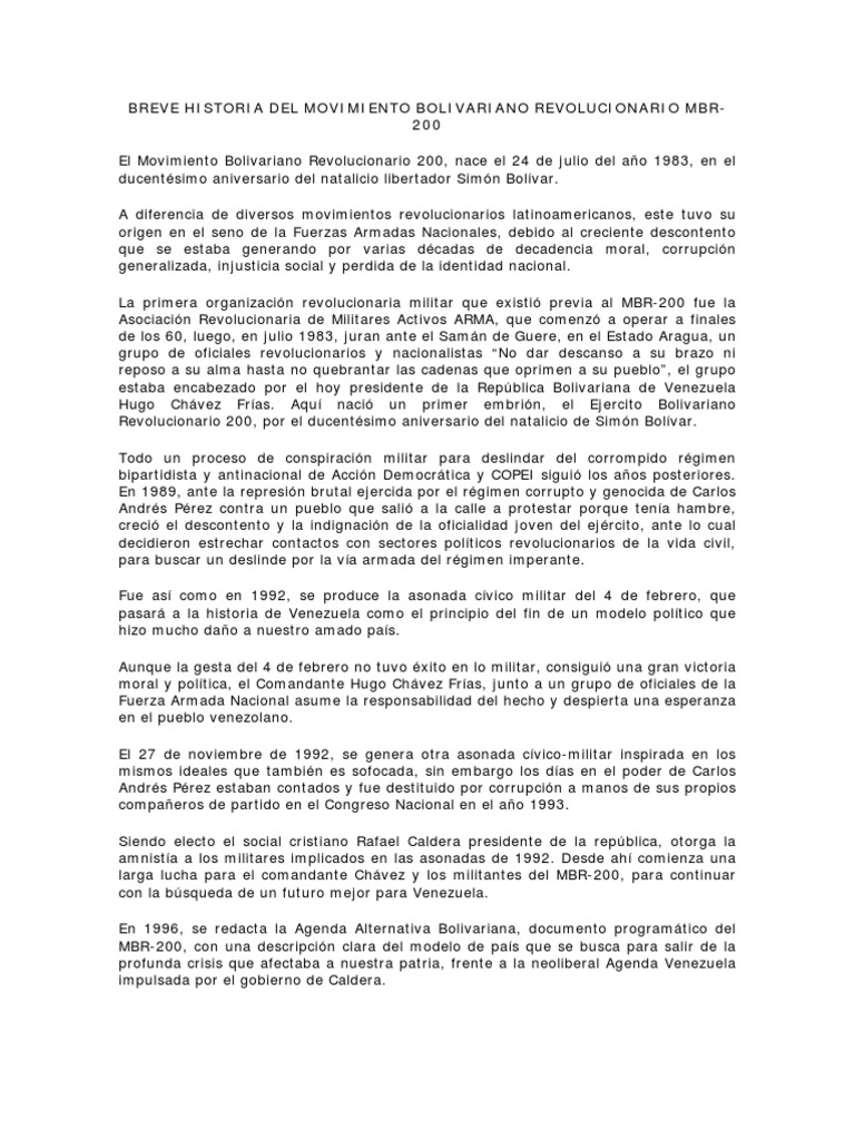 Breve Historia Del Movimiento Bolivariano Revolucionario Mbr-200 | PDF ...