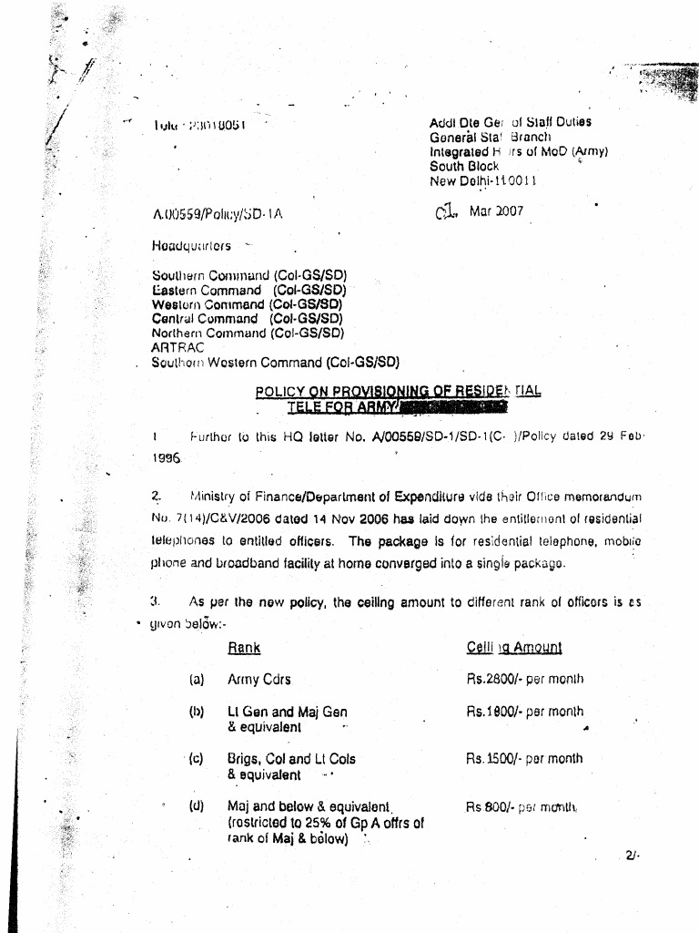 Policy On Provisioning of Residential Tele For Army Officers | PDF