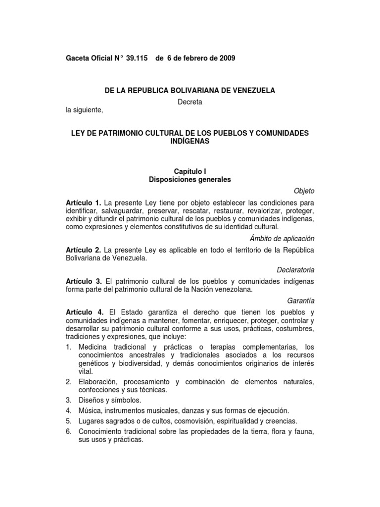 Ley de Patrimonio Cultural de Los Pueblos y Comunidades Indígenas (Gac. Ofc-39.115) PDF | PDF ...