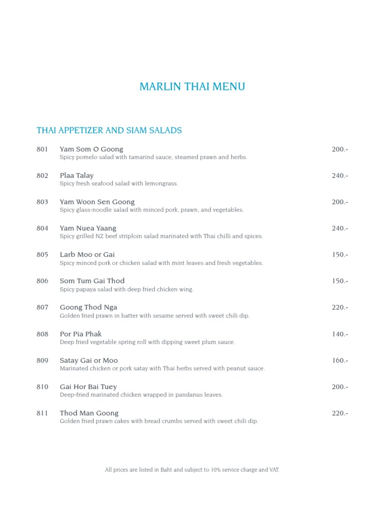 Marlin Dinner Menu | PDF | Thai Cuisine | Tomato Sauce