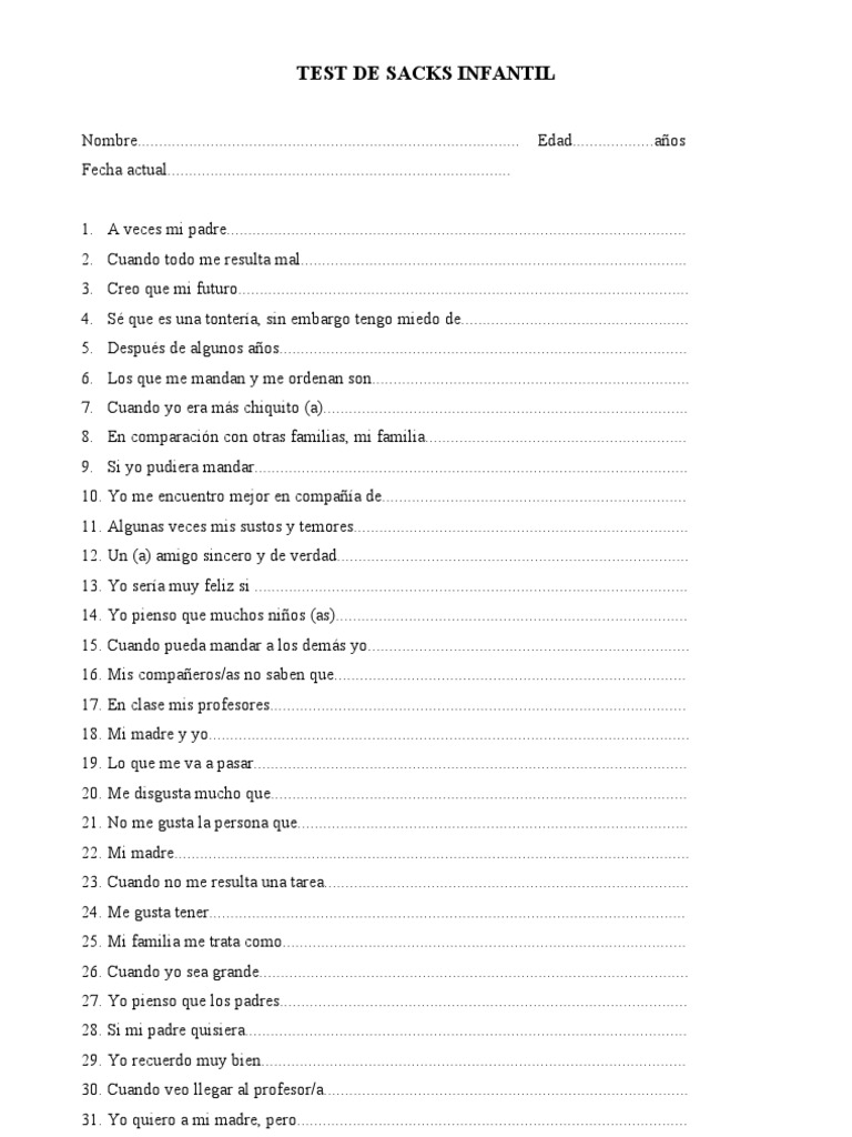 Test de Sacks Infantil | PDF