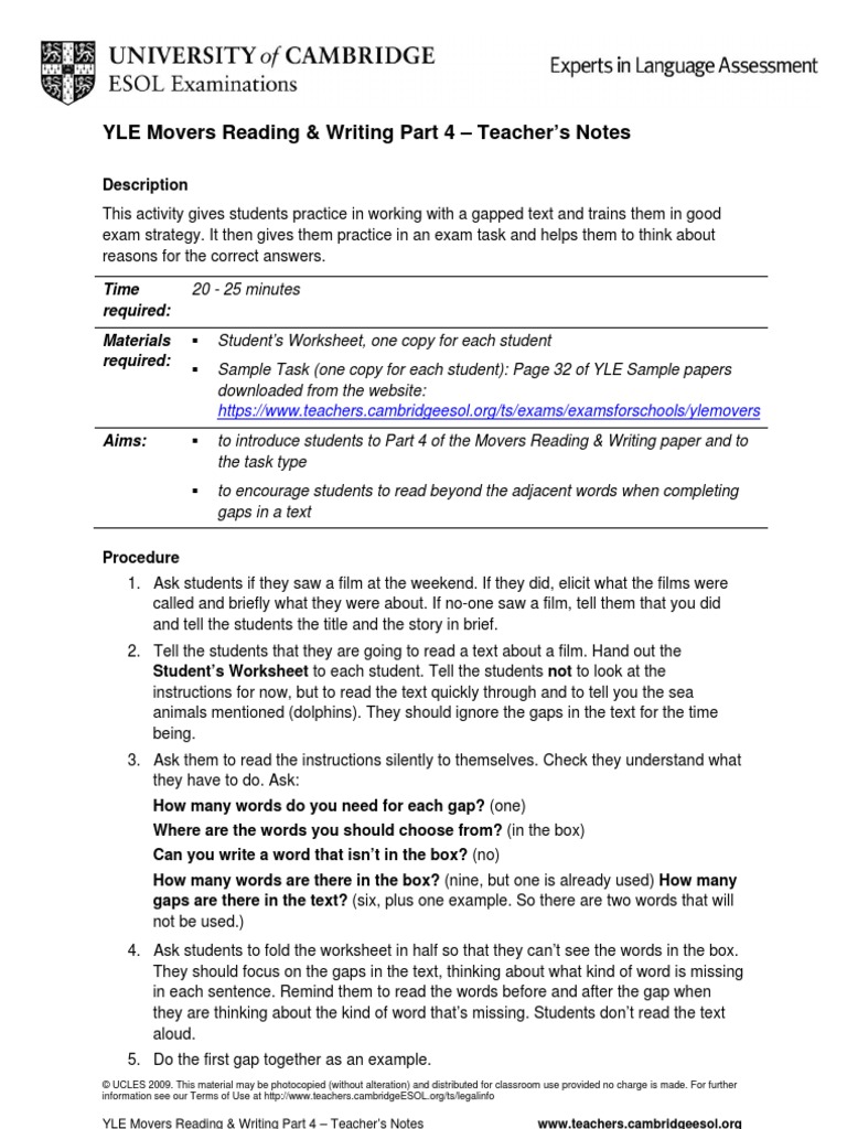 Yle Movers Reading & Writing Part 4 | PDF | Verb | Morphology