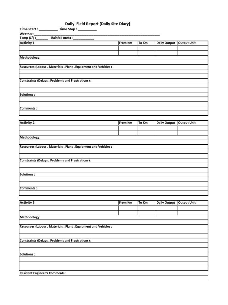 Daily Field Report (Daily Site Diary) : Time Start: - Time Stop | PDF ...