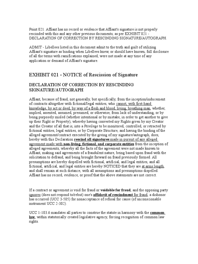 EXHIBIT 021 - NOTICE of Rescission of Signature | PDF | Affidavit | Fraud