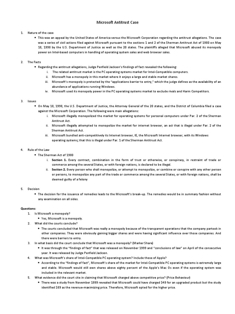 Microsoft Antitrust Case: Questions | PDF | Sherman Antitrust Act ...