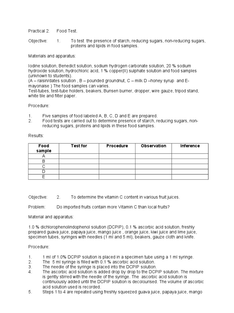 Food Sample Test For Procedure Observation Inference | PDF | Vitamin C ...