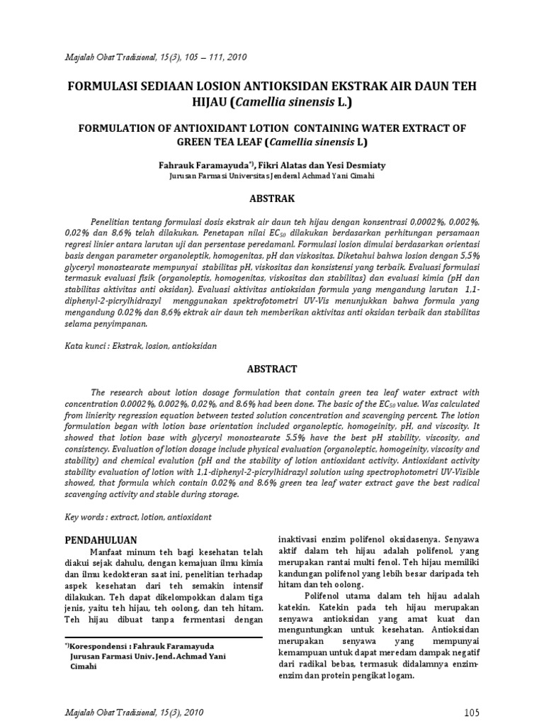 Formulasi Sediaan Losion Antioksidan Ekstrak Air Daun Teh HIJAU (Camellia Sinensis L.) | PDF