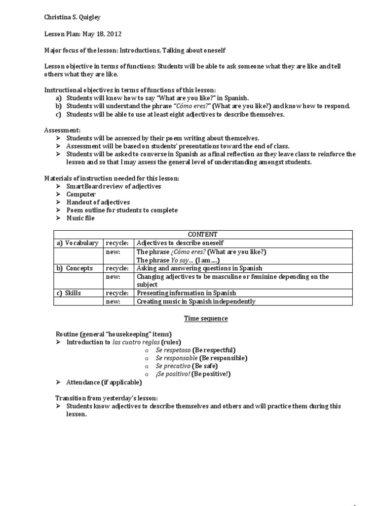 Spanish Adjectives Lesson Plan | PDF | Applied Psychology | Teaching