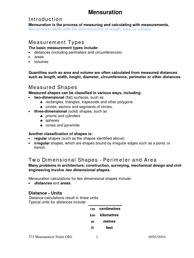 271 Mensuration Notes OH1 | Download Free PDF | Rectangle | Triangle