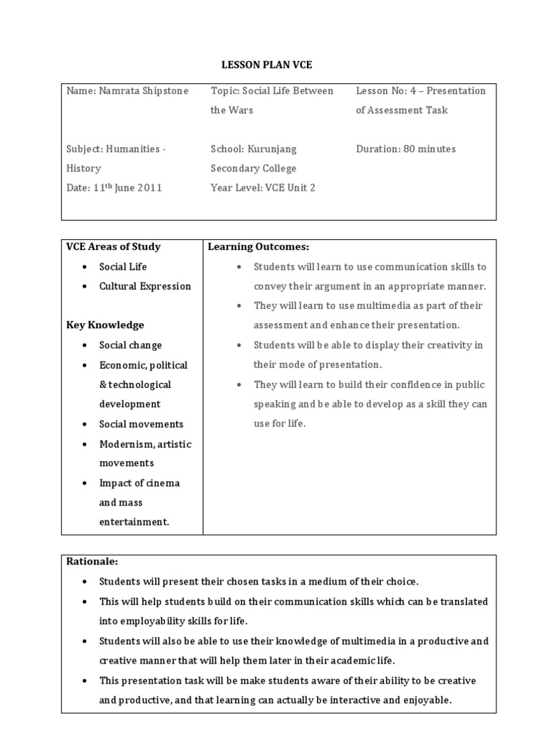 Lesson Plan Vce | PDF | Multimedia | Educational Assessment