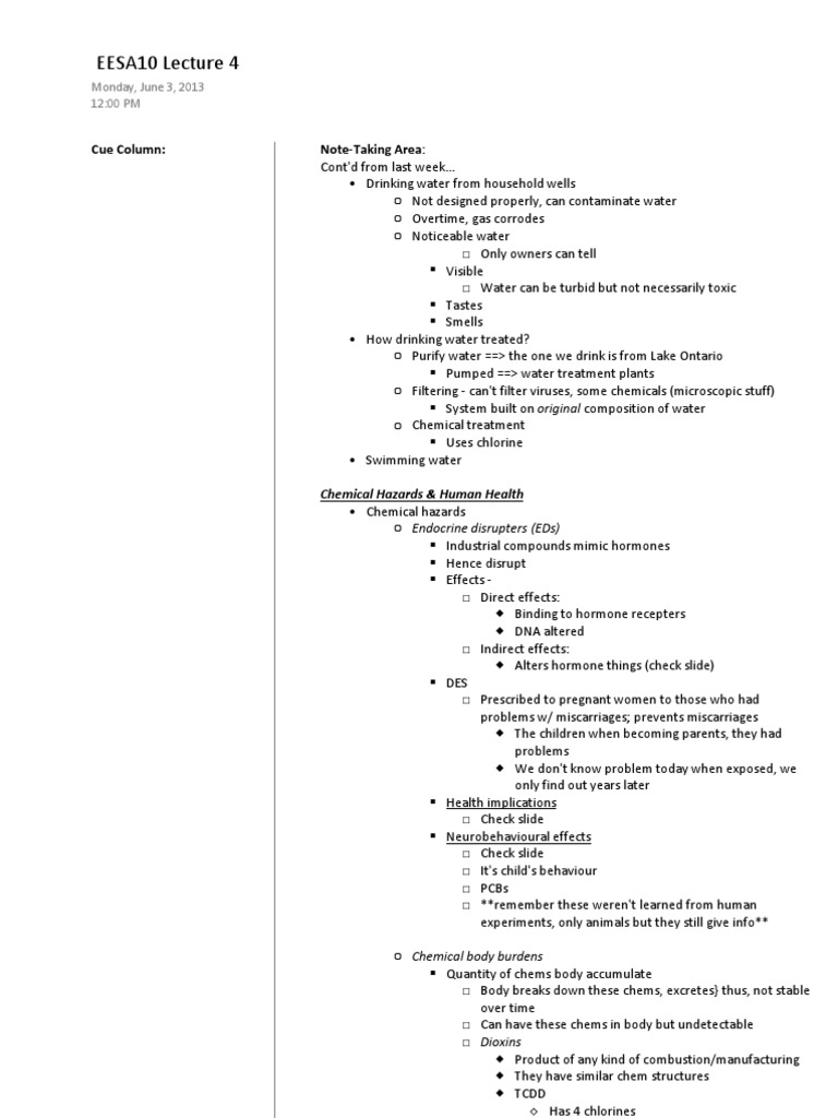 EESA10 Lecture 4: Cue Column: Note-Taking Area | PDF | Ddt | Drinking Water