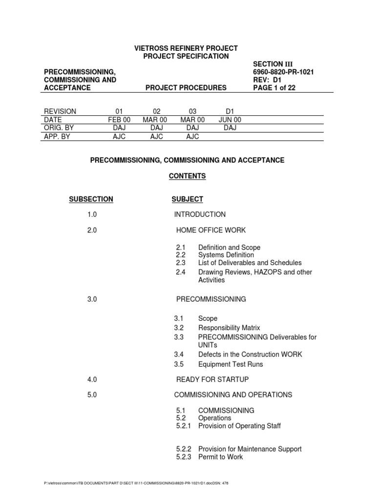 Precommissioning, Commissioning & Acceptance | PDF | Specification ...