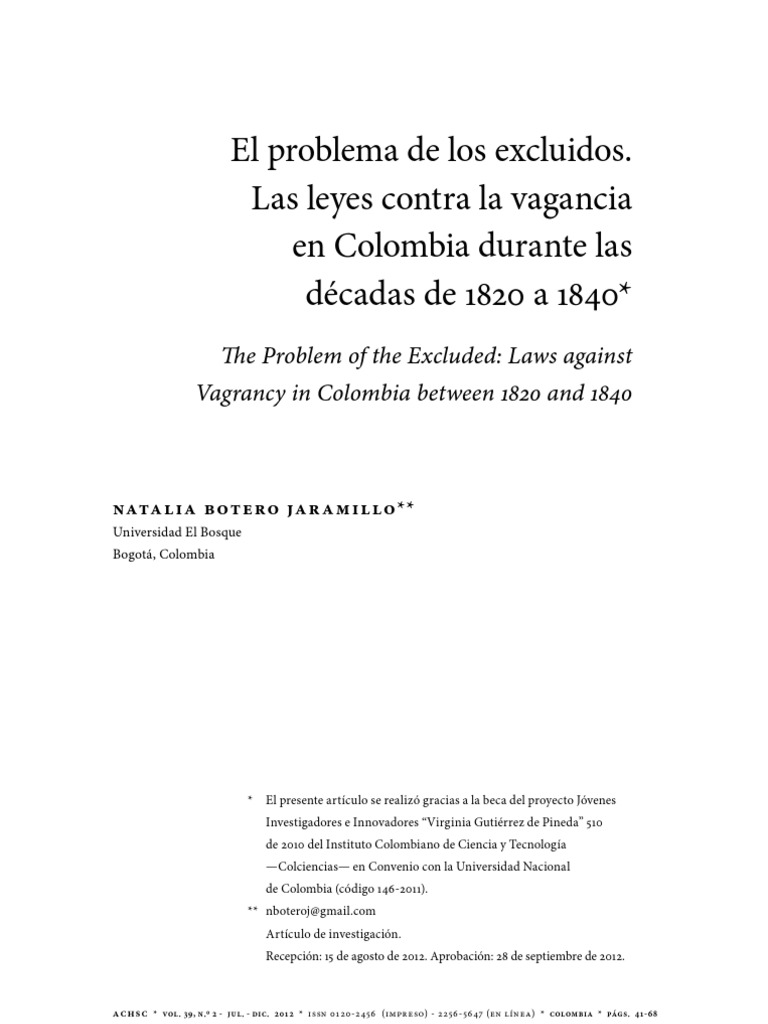 Leyes de Vagancia Colombia, 1820-1840, Natalia Botero Jaramillo | PDF ...