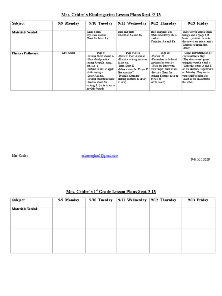 Kindergarten Lesson Plans: Sept 9-13 | PDF