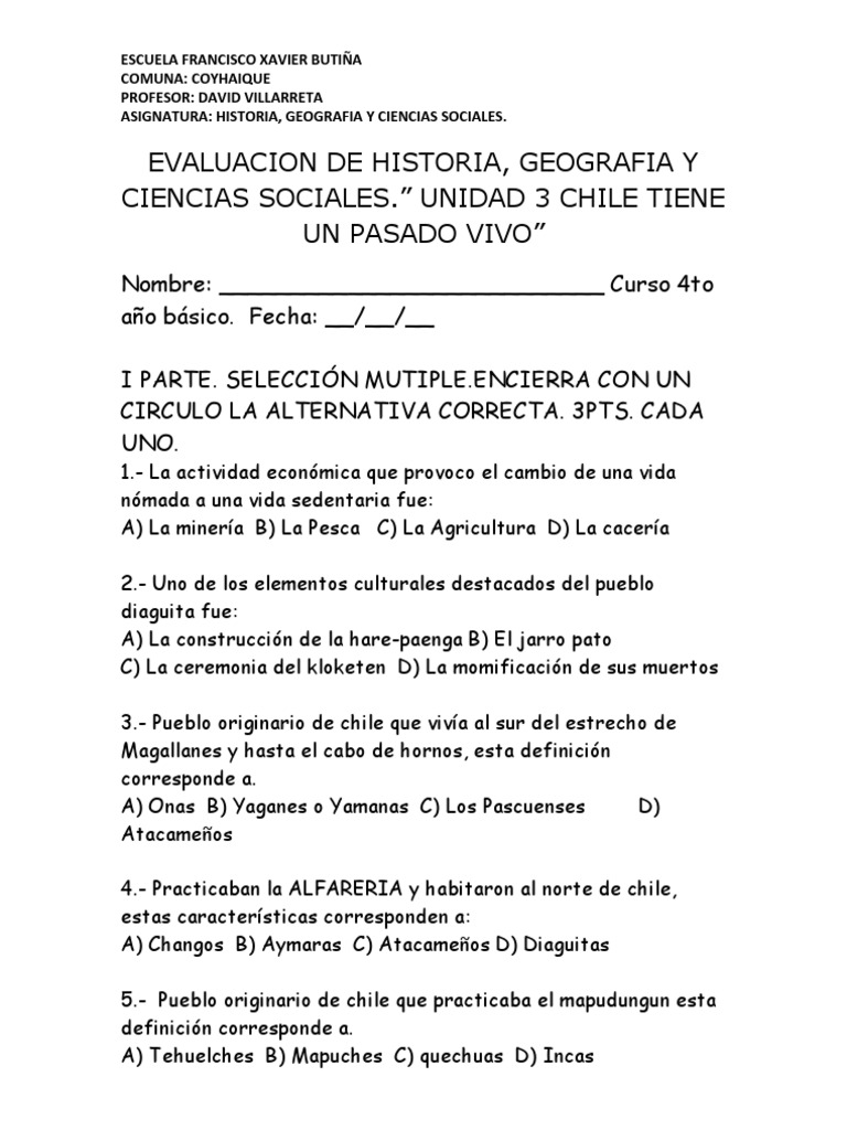Evaluacion de Historia 4to Basico | PDF | Chile | Gente indígena